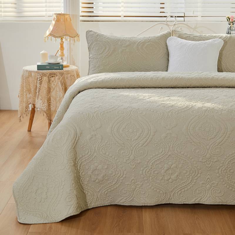 Beige Quilts Cotton Farmhouse Quilt Bedding Set Damask Coverlet Set ...